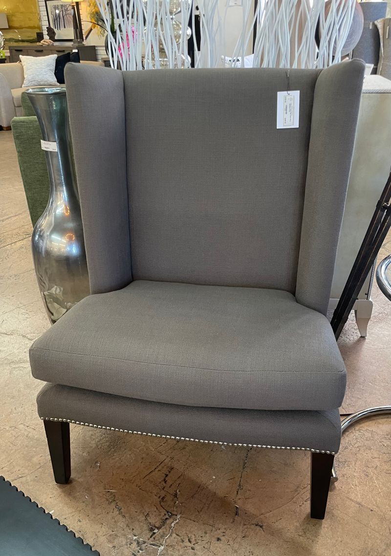 Customer Upholstered Modern Highback Grey Studded Wing Chair 263R1B Airpark Consignment